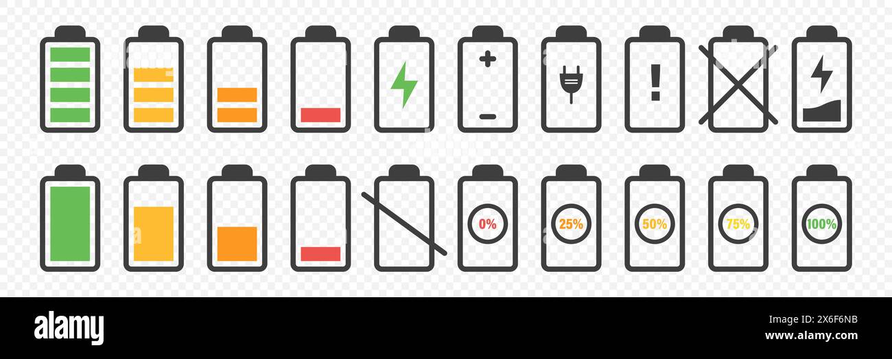 Flat Vector Battery Icons Set. Different Level of Charge. Car or Phone ...