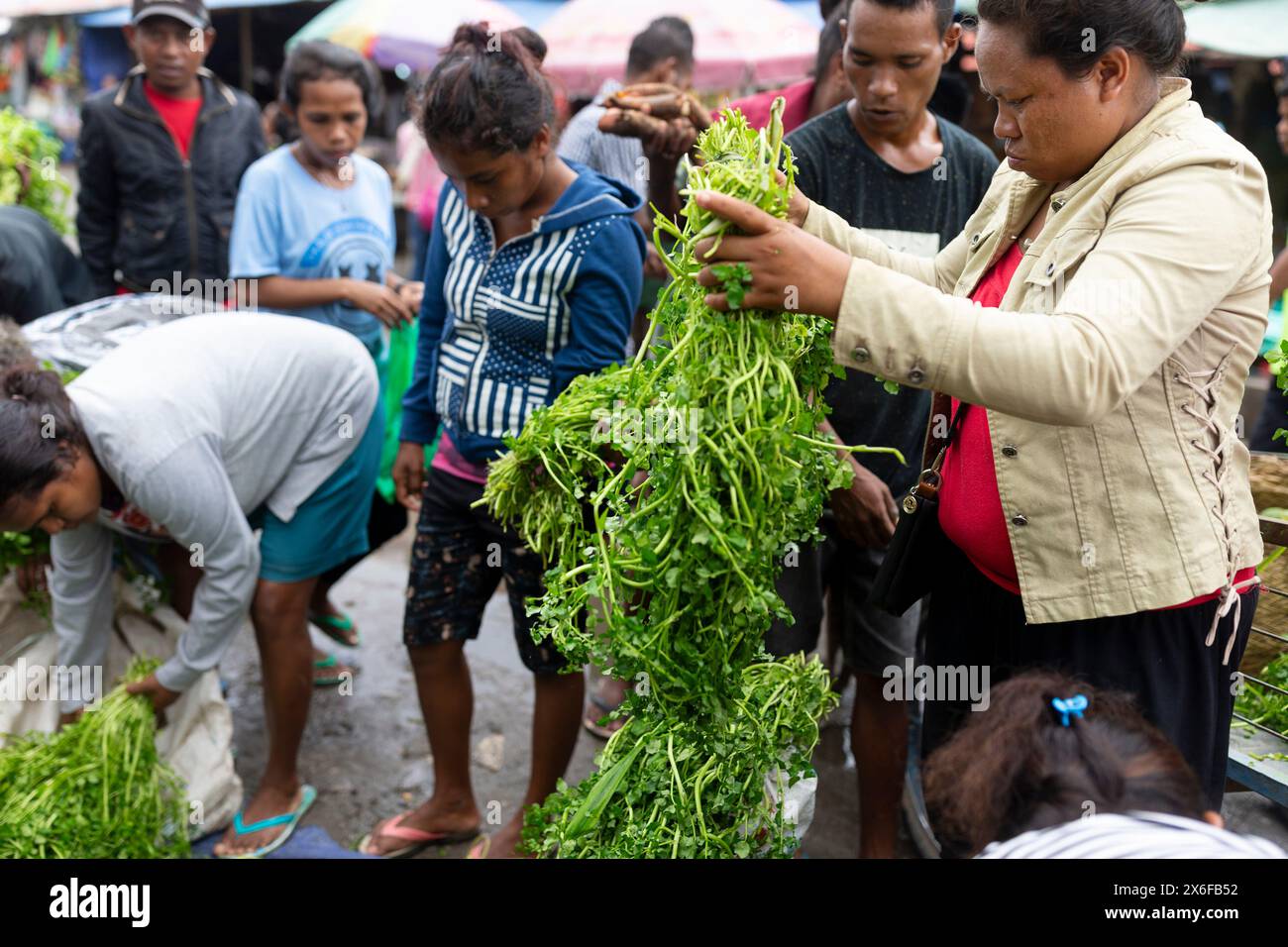Buying fresh vegetables in the morning at Mercado Taibesi, Dili, Timor ...