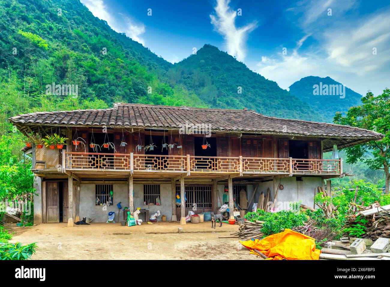 The architecture of the front traditional stilt house of ethnic people ...