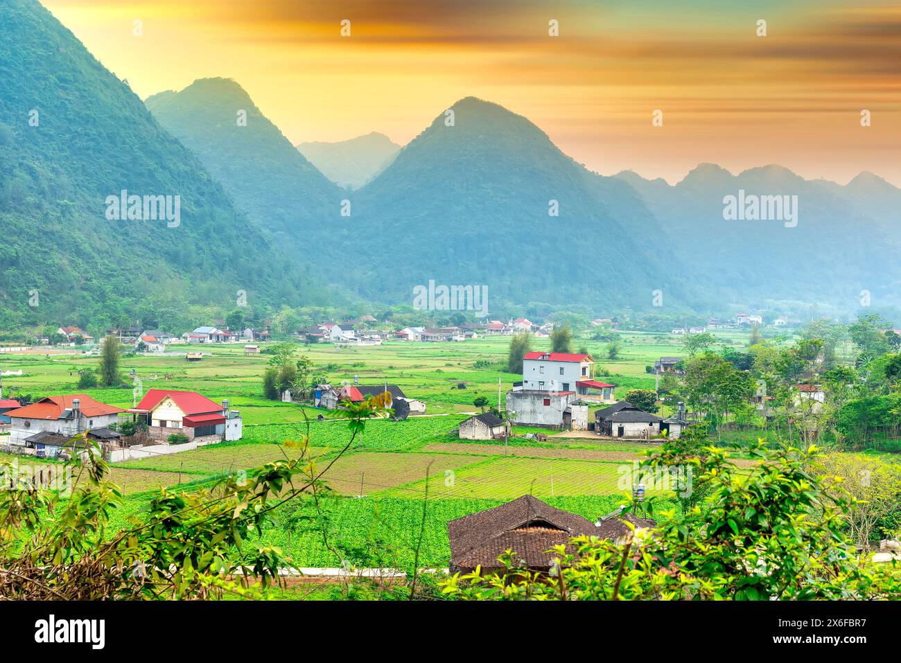 Landscape in Bac Son valley around with mountains panorama view and ...
