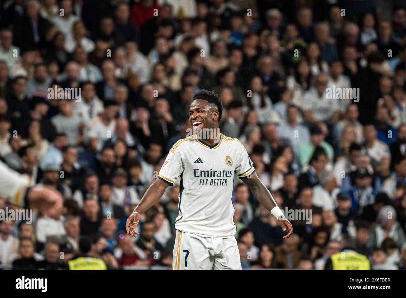 Madrid, Spain. 14th May, 2024. Vinicius Junior smiles during the LALIGA ...