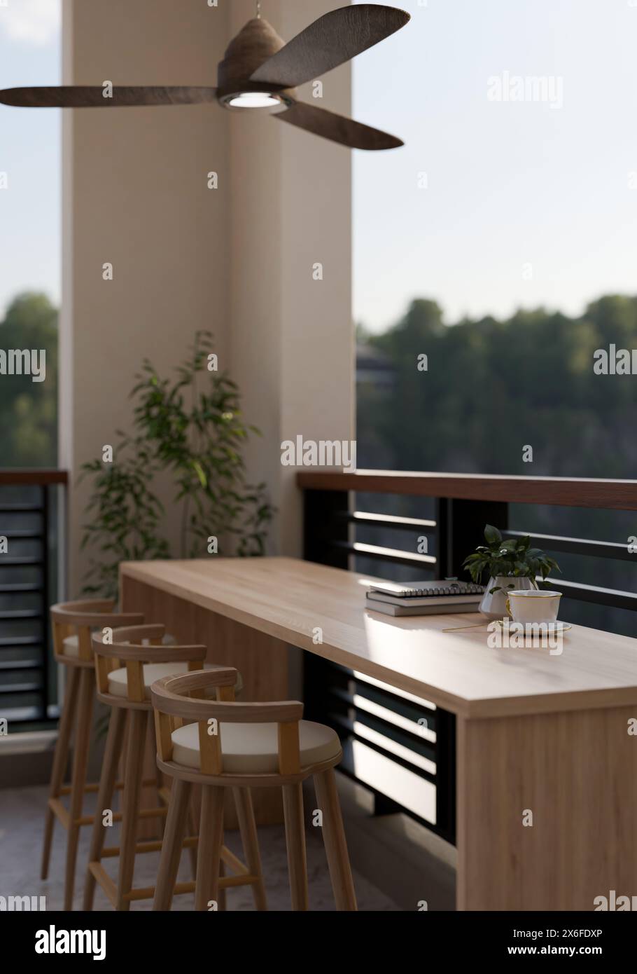 A beautiful contemporary outdoor balcony area features a long wooden ...