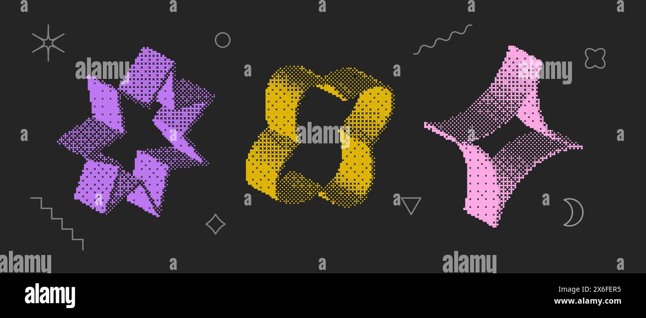 Bitmap textured shape set. Dither halftone objects collection. Colorful ...