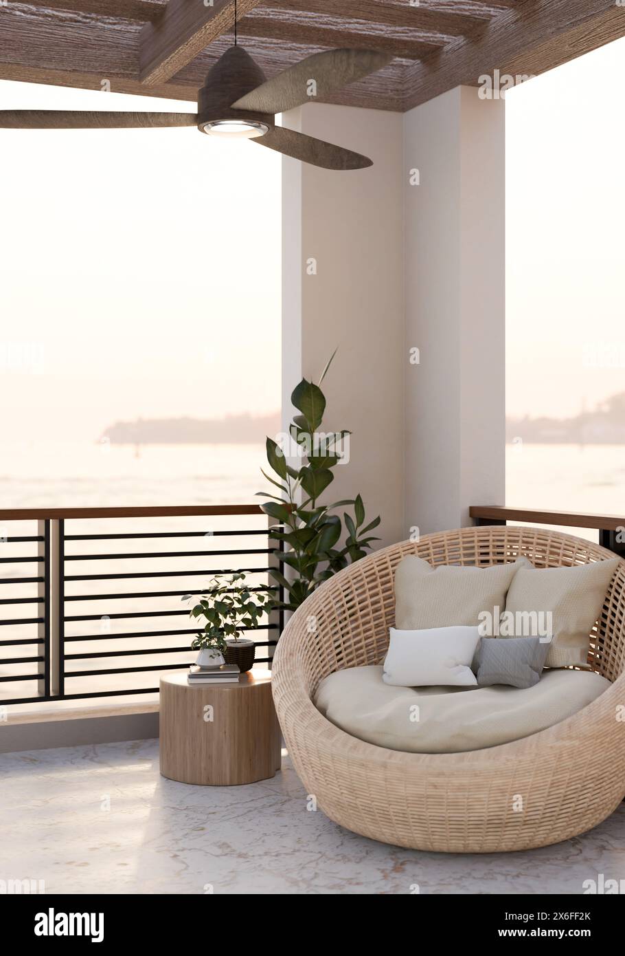 A cozy outdoor balcony lounge featuring a wicker lounge chair with ...