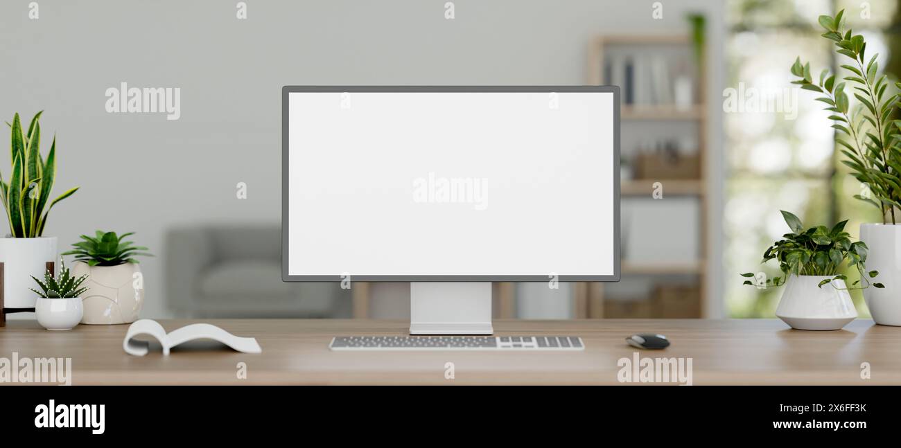 A front view of a white-screen desktop computer mockup and decor plants ...