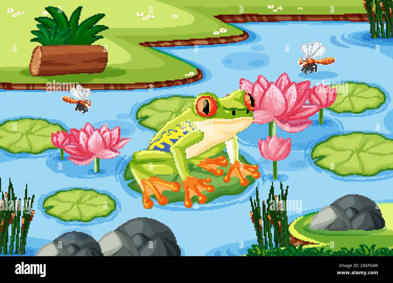 Colorful illustration of a frog among lily pads Stock Vector Image ...