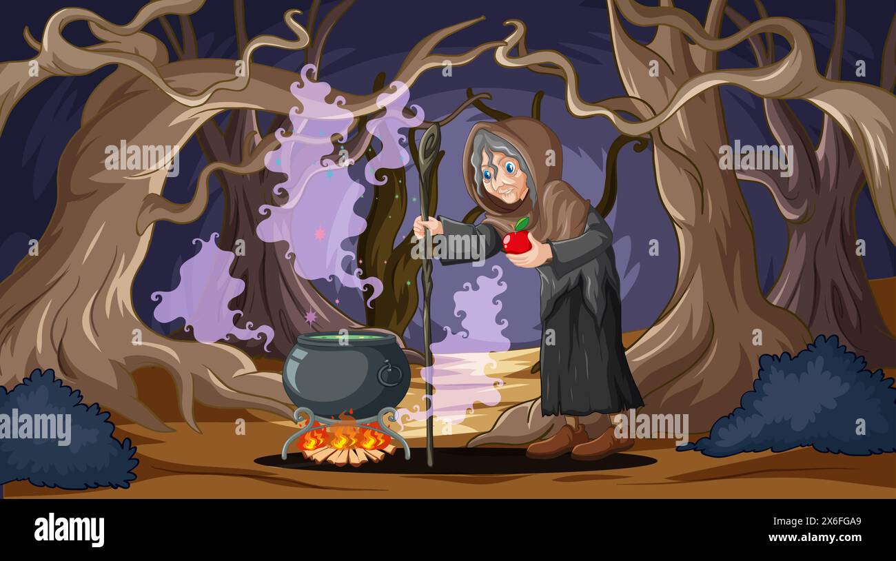 Witch with cauldron in a spooky forest scene Stock Vector Image & Art ...
