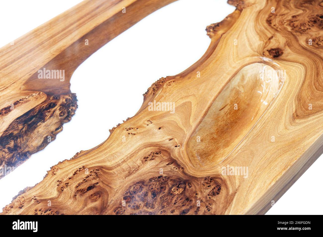 Live edge elm burl slab table top with central epoxy resin river on ...