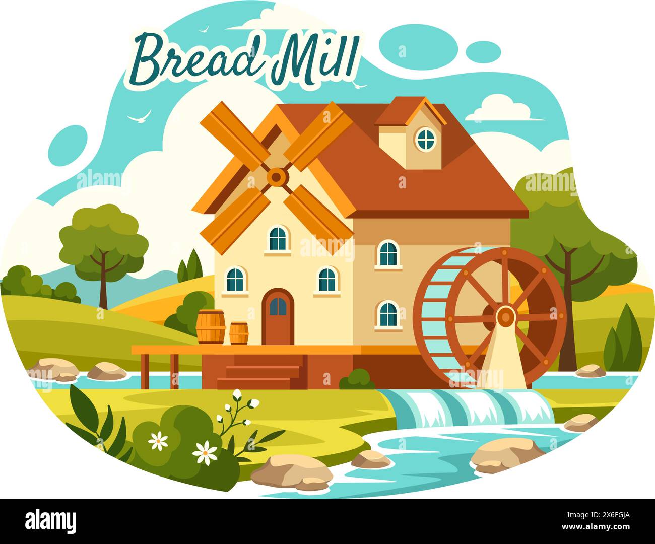 Bread Mill Vector Illustration with Wheat Sacks, Various Breads and ...