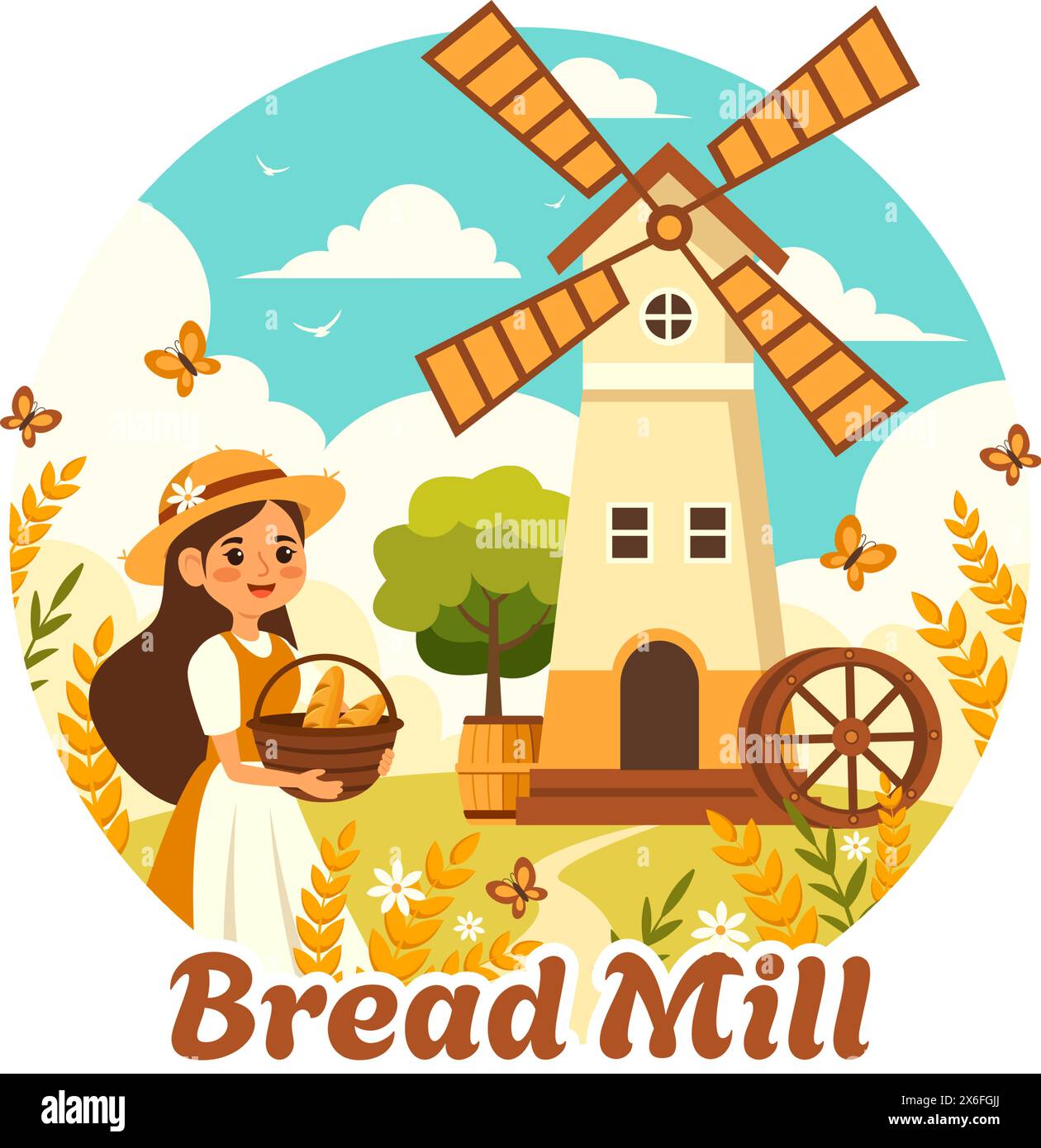 Bread Mill Vector Illustration with Wheat Sacks, Various Breads and ...
