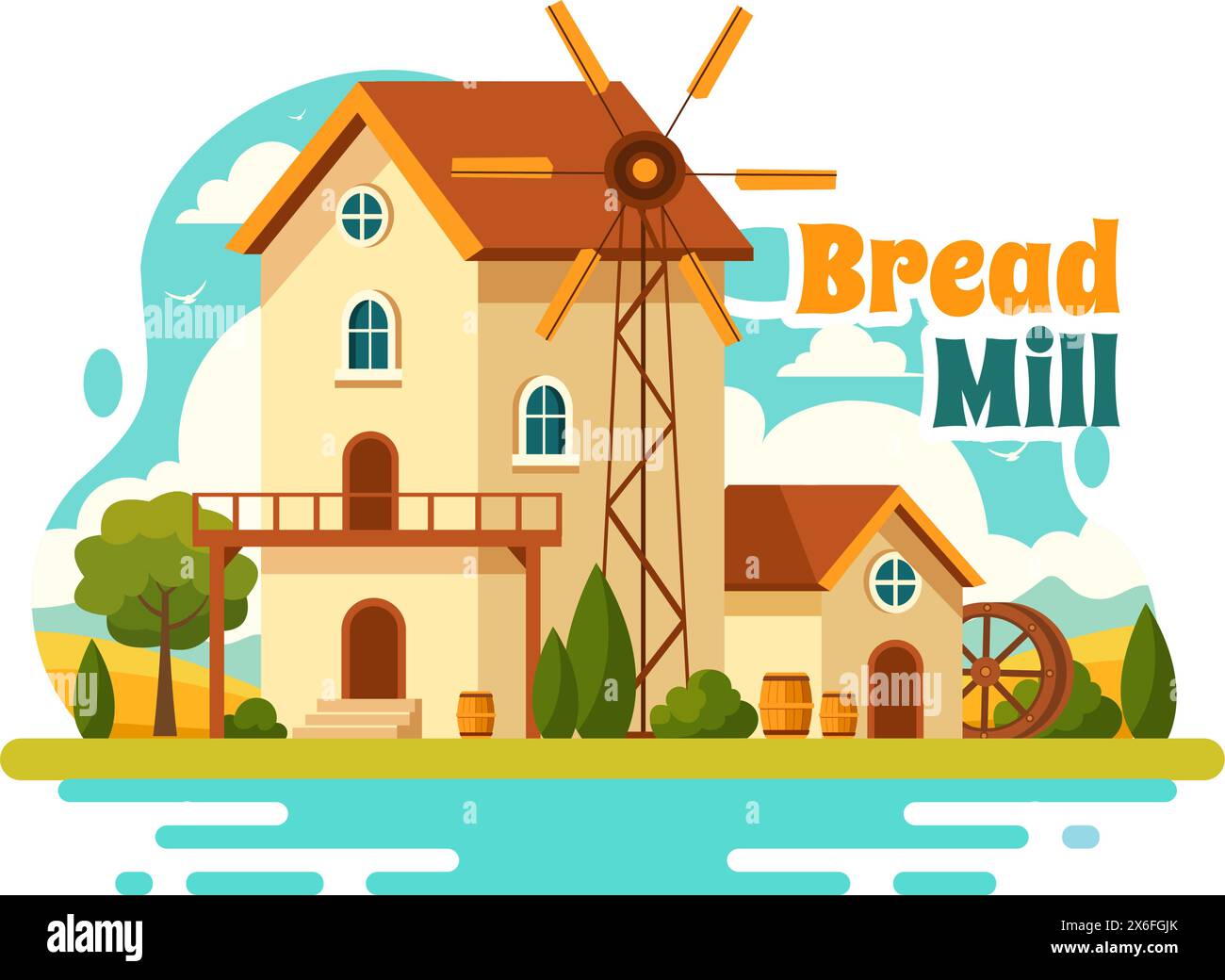 Bread Mill Vector Illustration with Wheat Sacks, Various Breads and ...