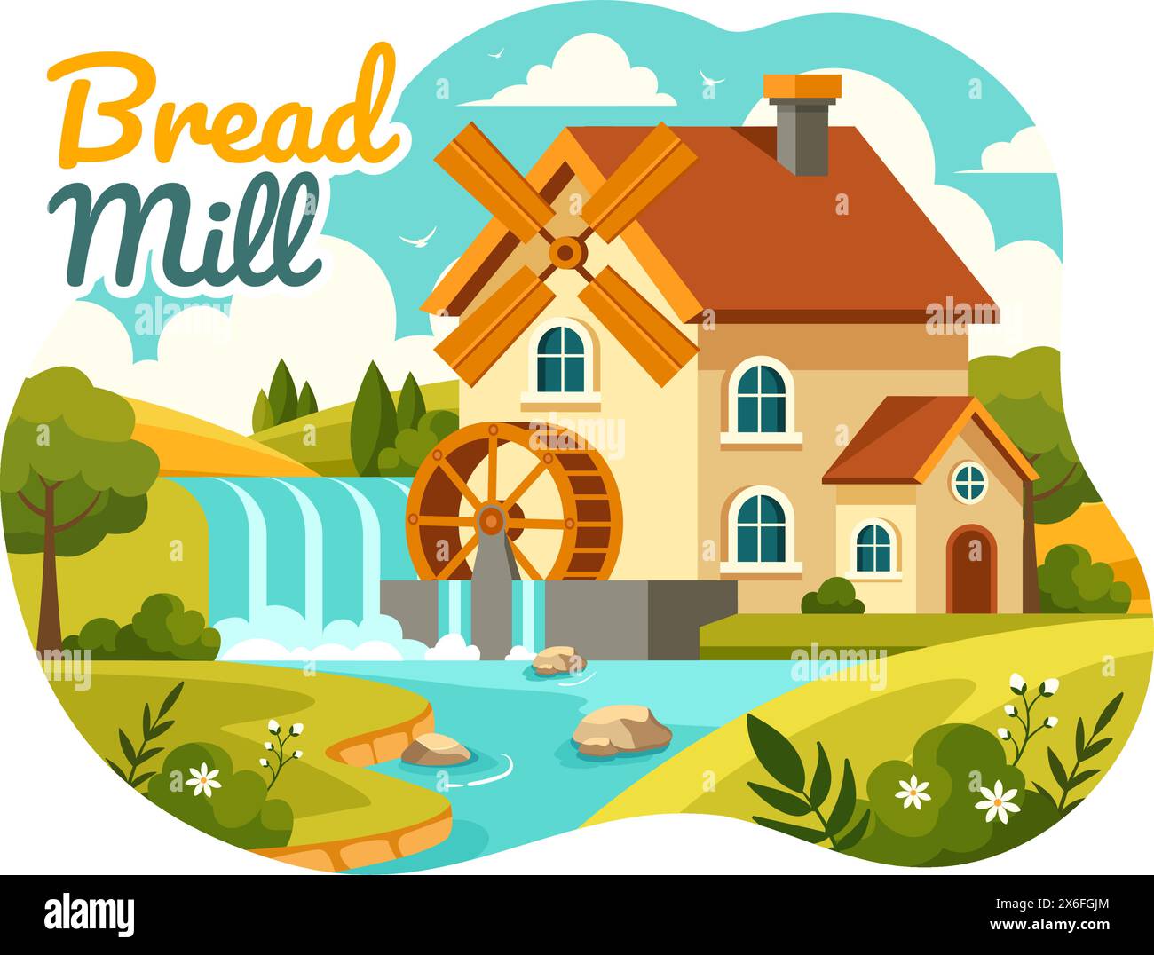 Bread Mill Vector Illustration with Wheat Sacks, Various Breads and ...