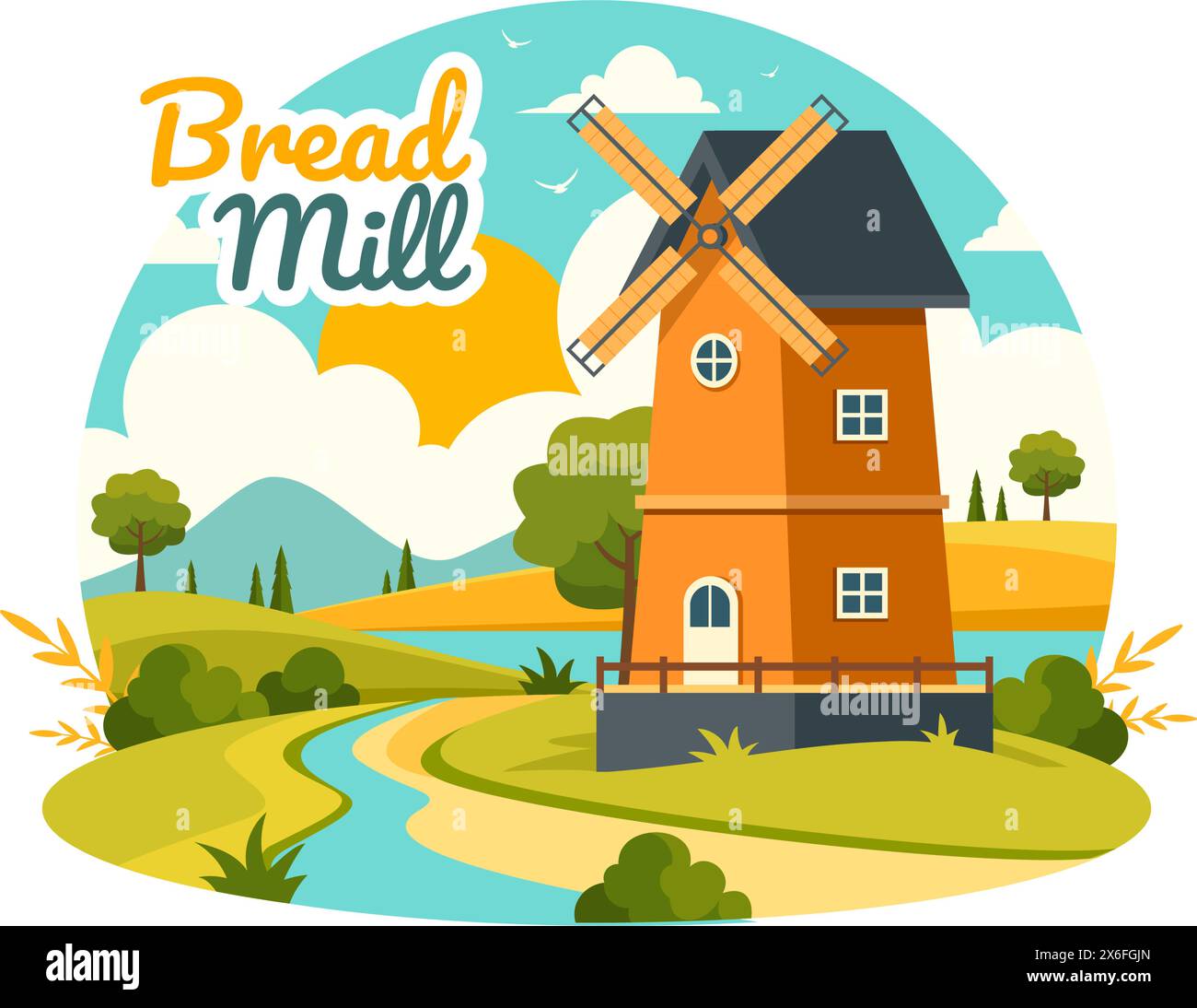 Bread Mill Vector Illustration with Wheat Sacks, Various Breads and ...