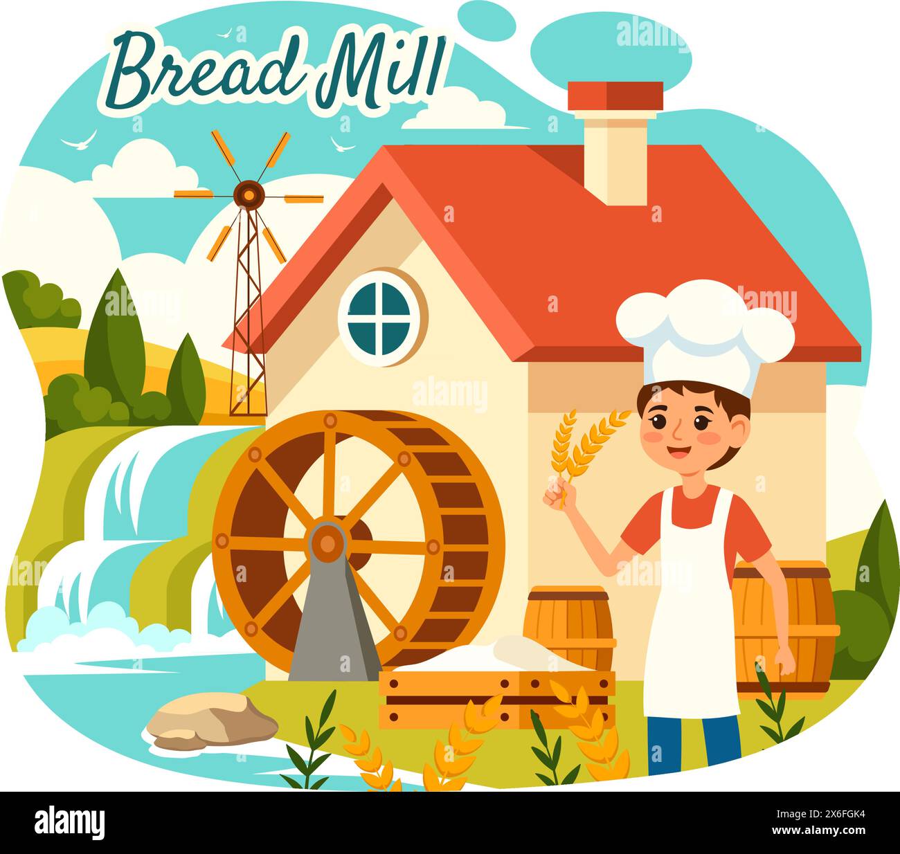 Bread Mill Vector Illustration with Wheat Sacks, Various Breads and Windmill for Product Bakery ...