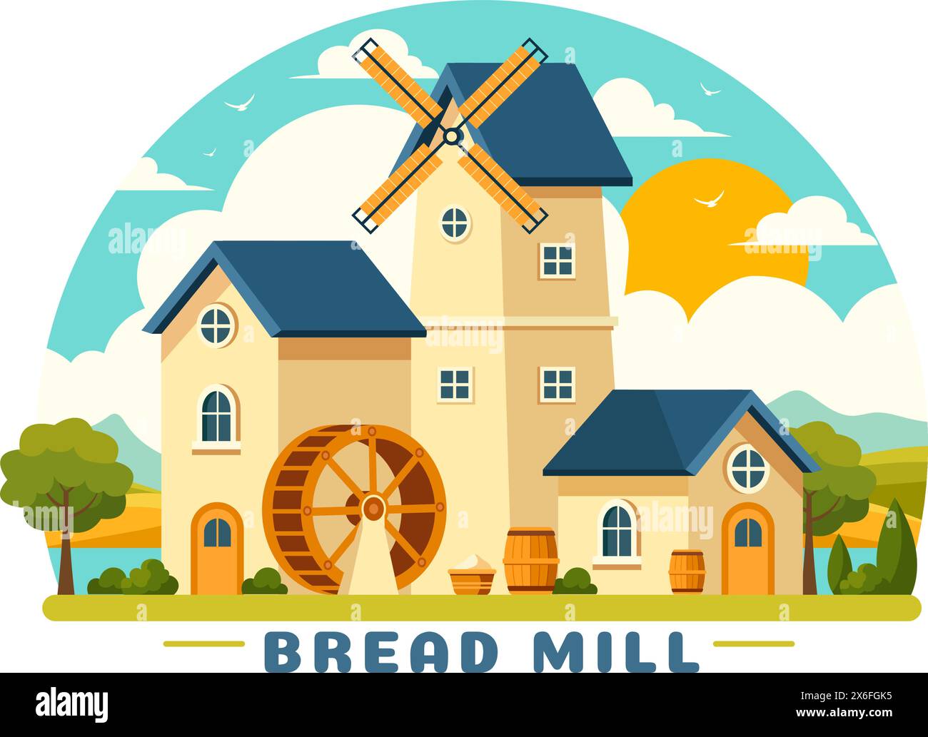 Bread Mill Vector Illustration with Wheat Sacks, Various Breads and ...