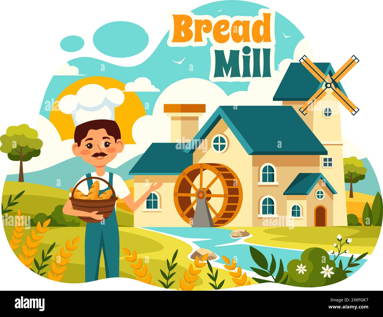 Bread Mill Vector Illustration with Wheat Sacks, Various Breads and ...