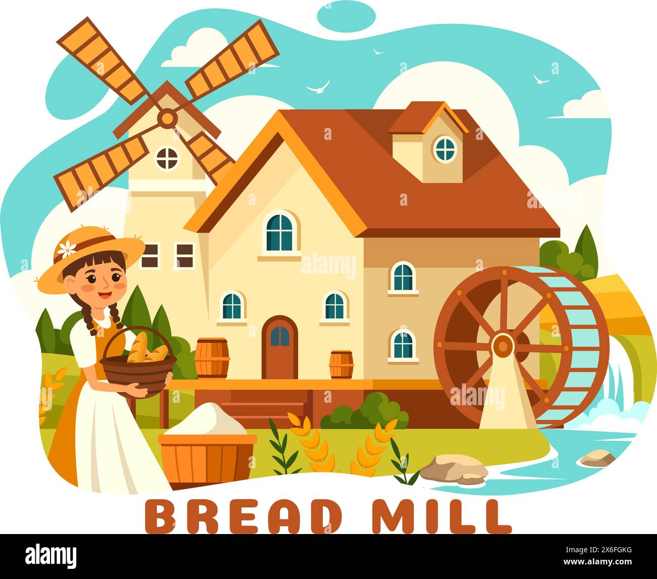 Bread Mill Vector Illustration with Wheat Sacks, Various Breads and Windmill for Product Bakery ...