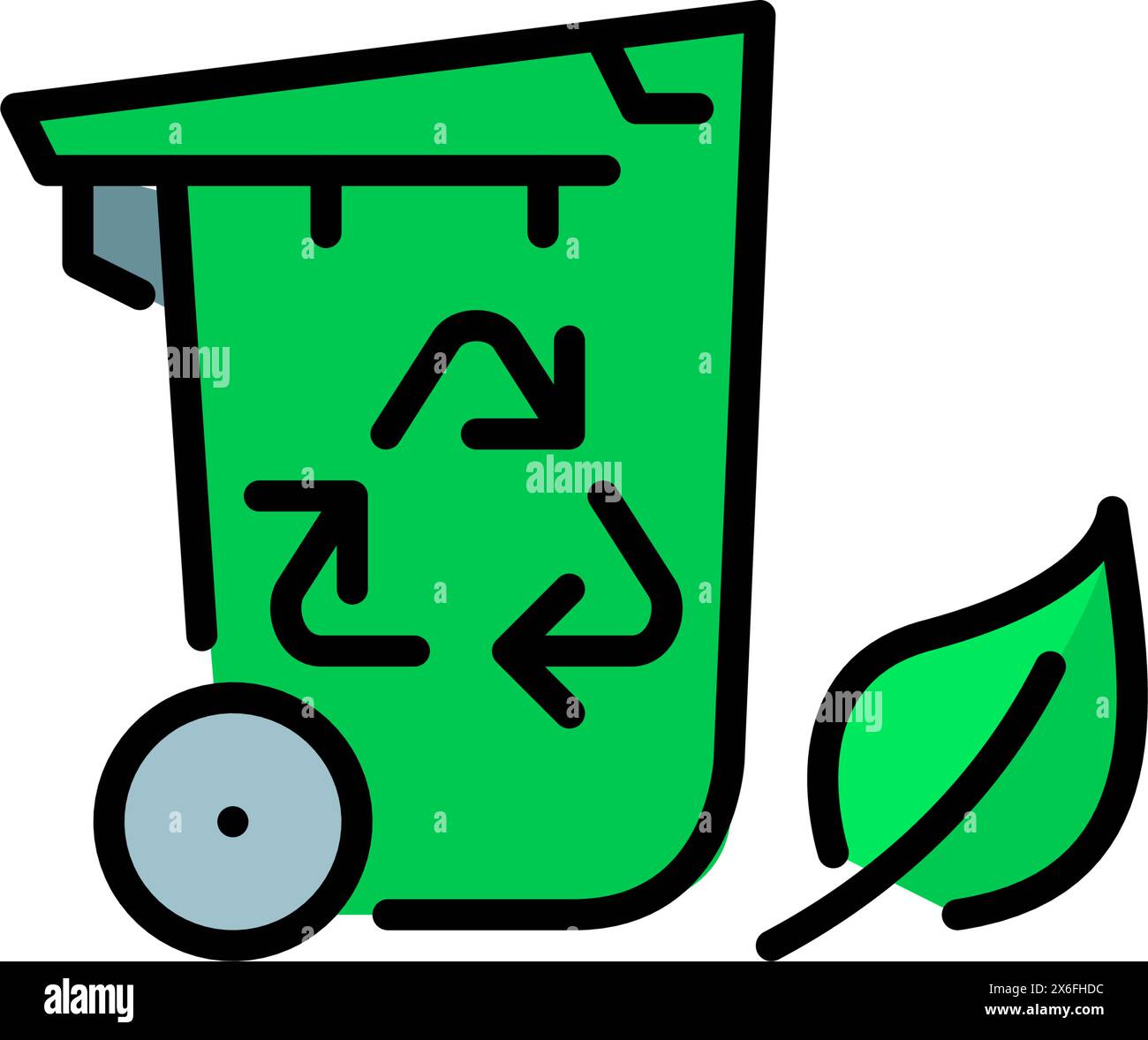 Rolling trash can with recycling symbol and green leaf. Environmental ...