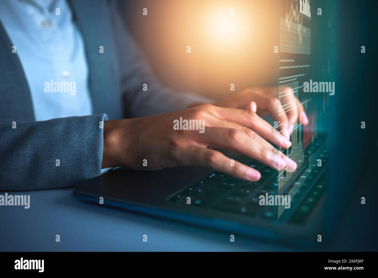 Hands, coding and laptop at night for online, research and web development in workplace. Digital ...