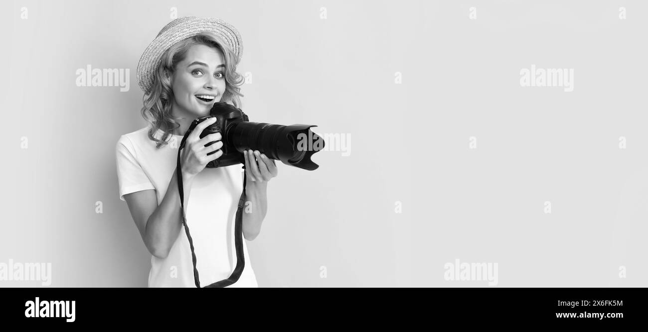 amazed girl hold photo camera. amateur and professional photography ...