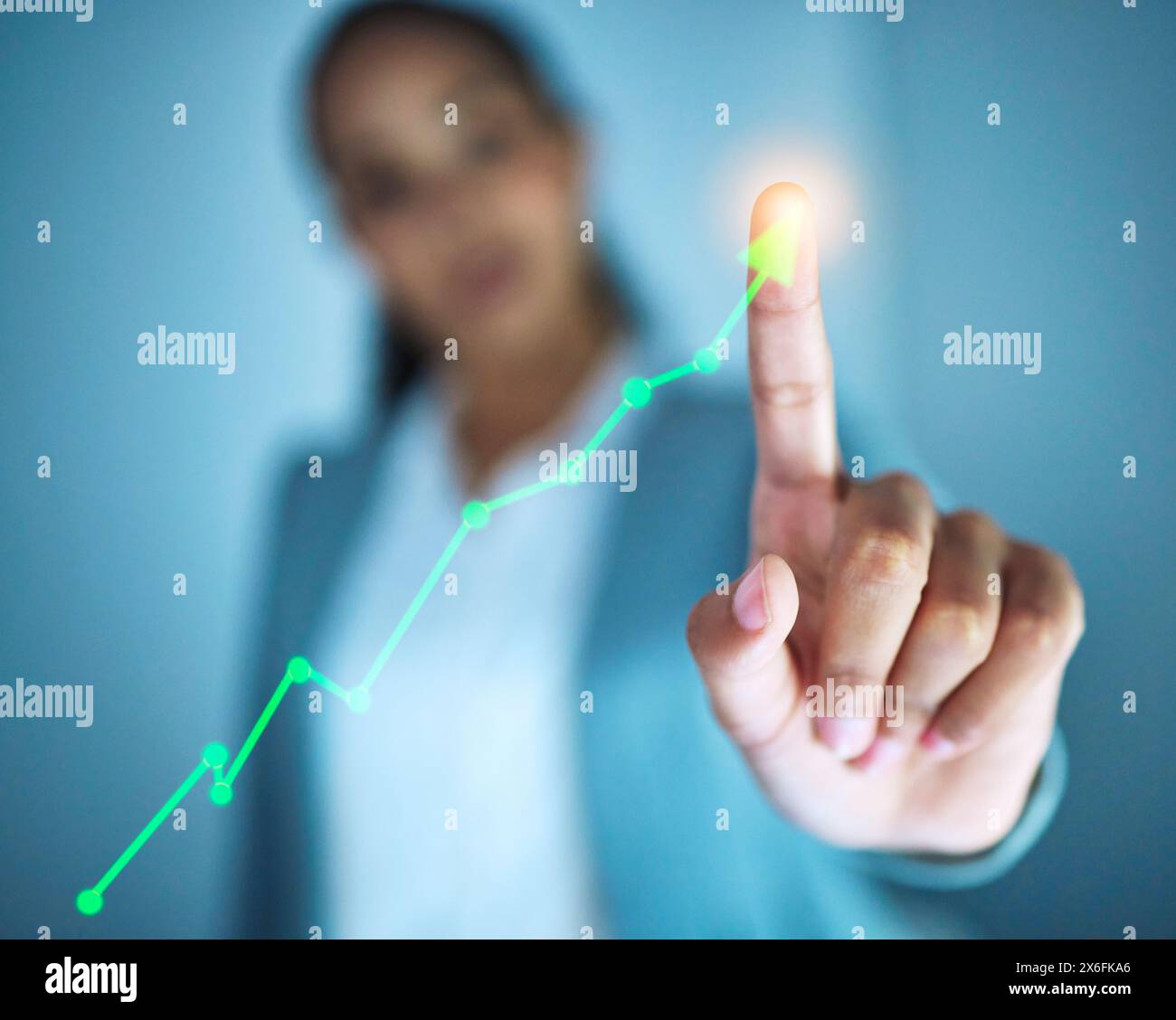 Hand, stats and hologram with arrow, graphs and programming with click ...