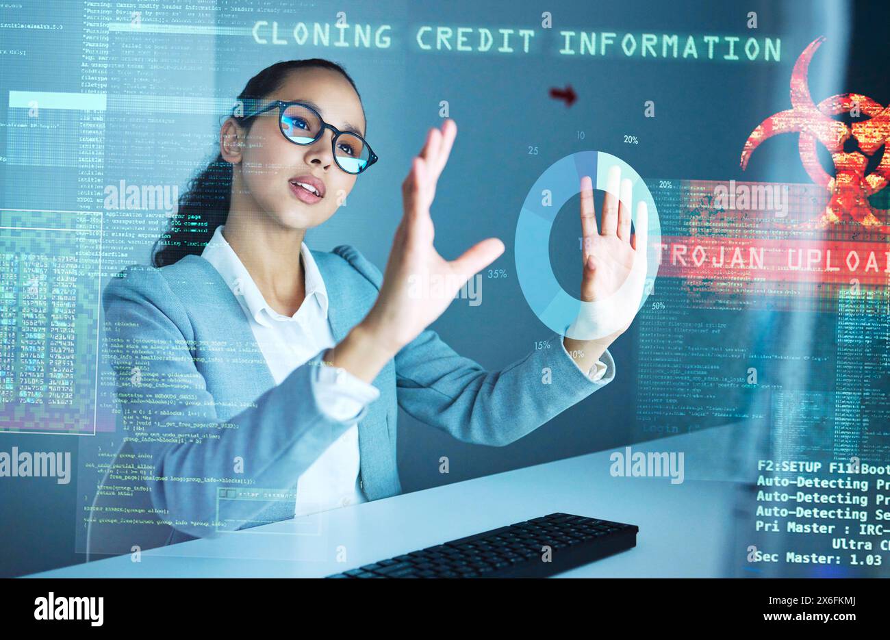 Woman, computer and hologram with coding, charts and programming to ...