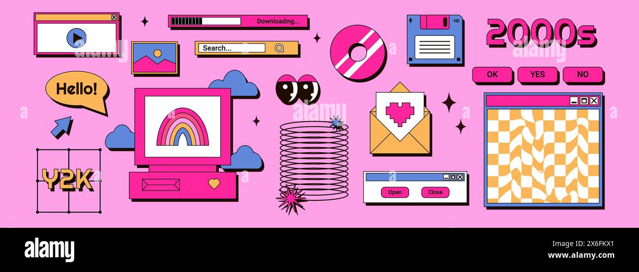 2000s retro element vector set. Groovy computer, disk, window, rainbow ...