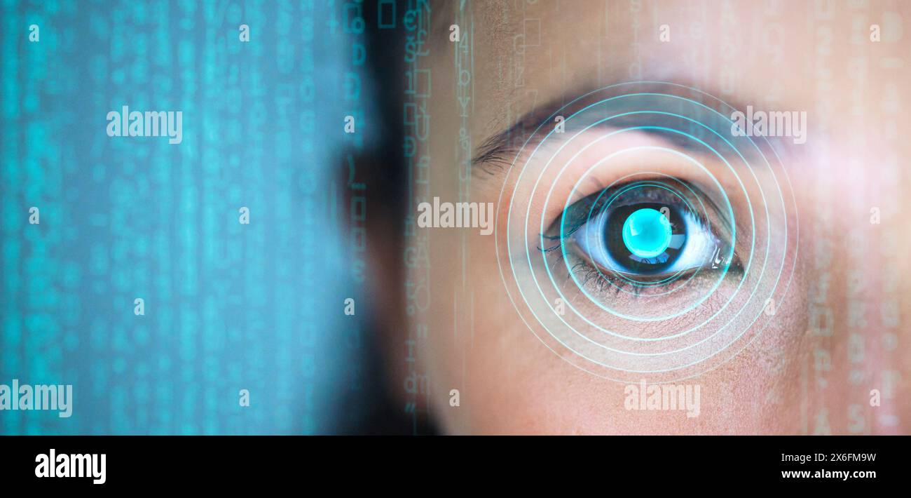 Woman, eye and hologram for biometric coding, cybersecurity and safety ...