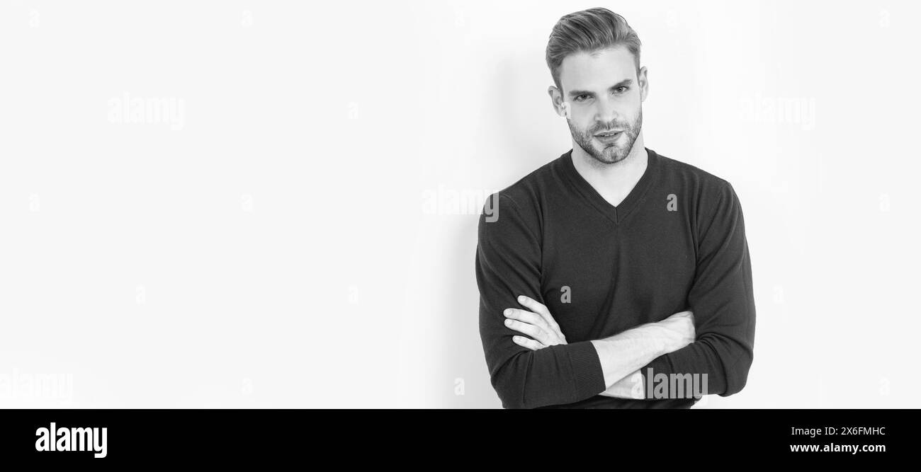 Feeling confident and comfy. Confident man keep arms crossed isolated ...