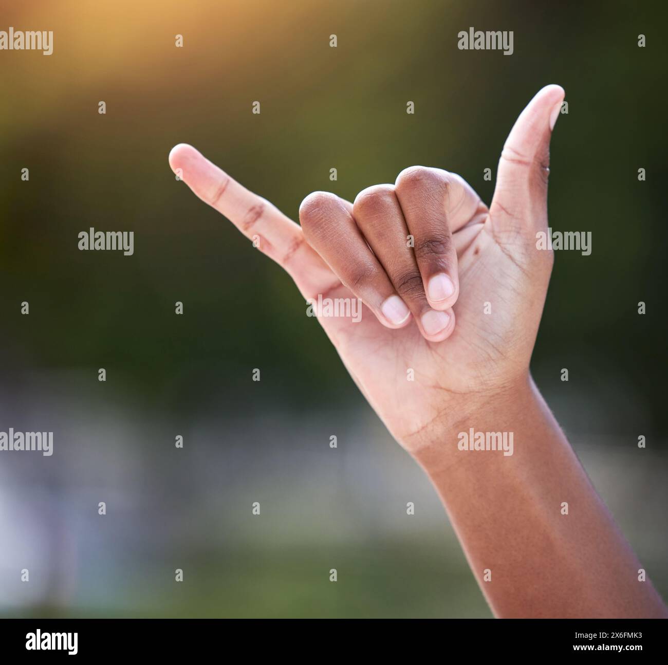 Outdoor, hand and shaka sign with person as gesture for thank you ...