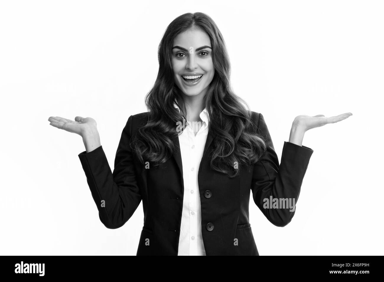 Woman point at copy space, showing copyspace pointing. Promo, girl ...