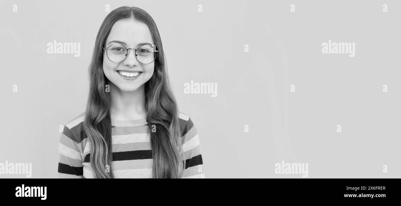 happy tween girl look through eyeglasses. vision acuity. eyesight ...