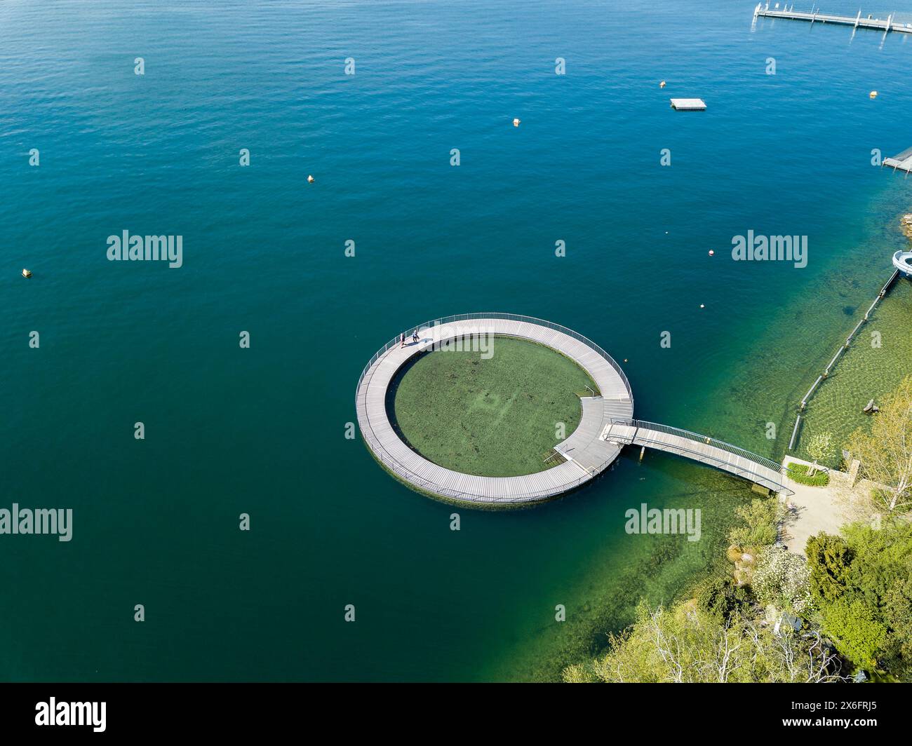 Aerial image of the public swimming pool at the Zurich lake side with a ...