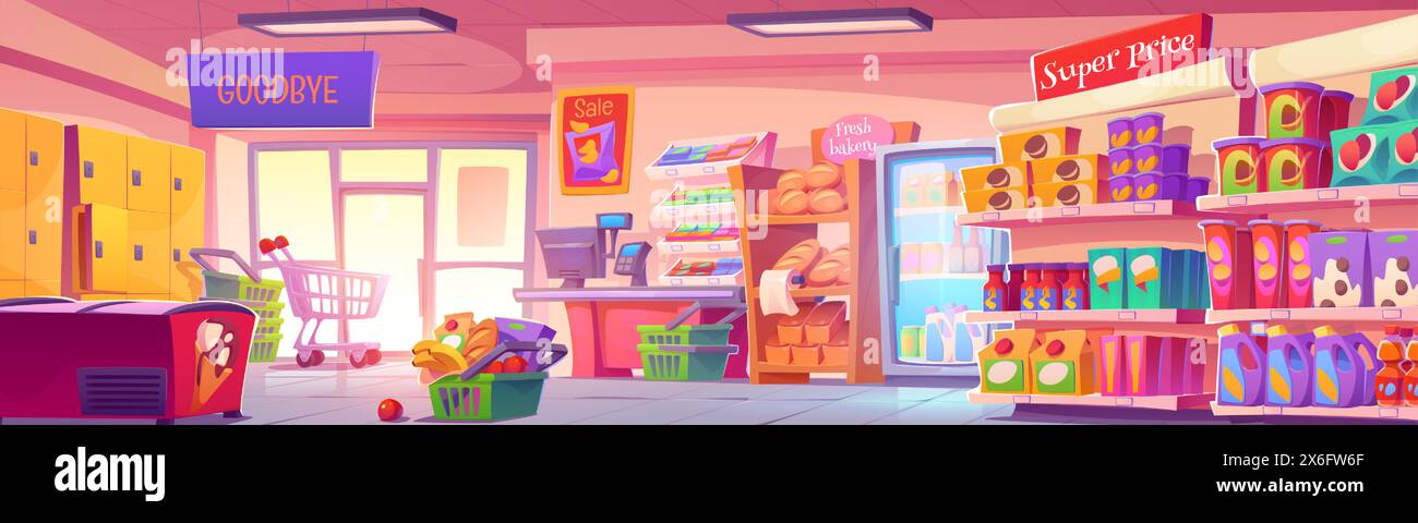 Supermarket interior with products on shelves and in refrigerators ...