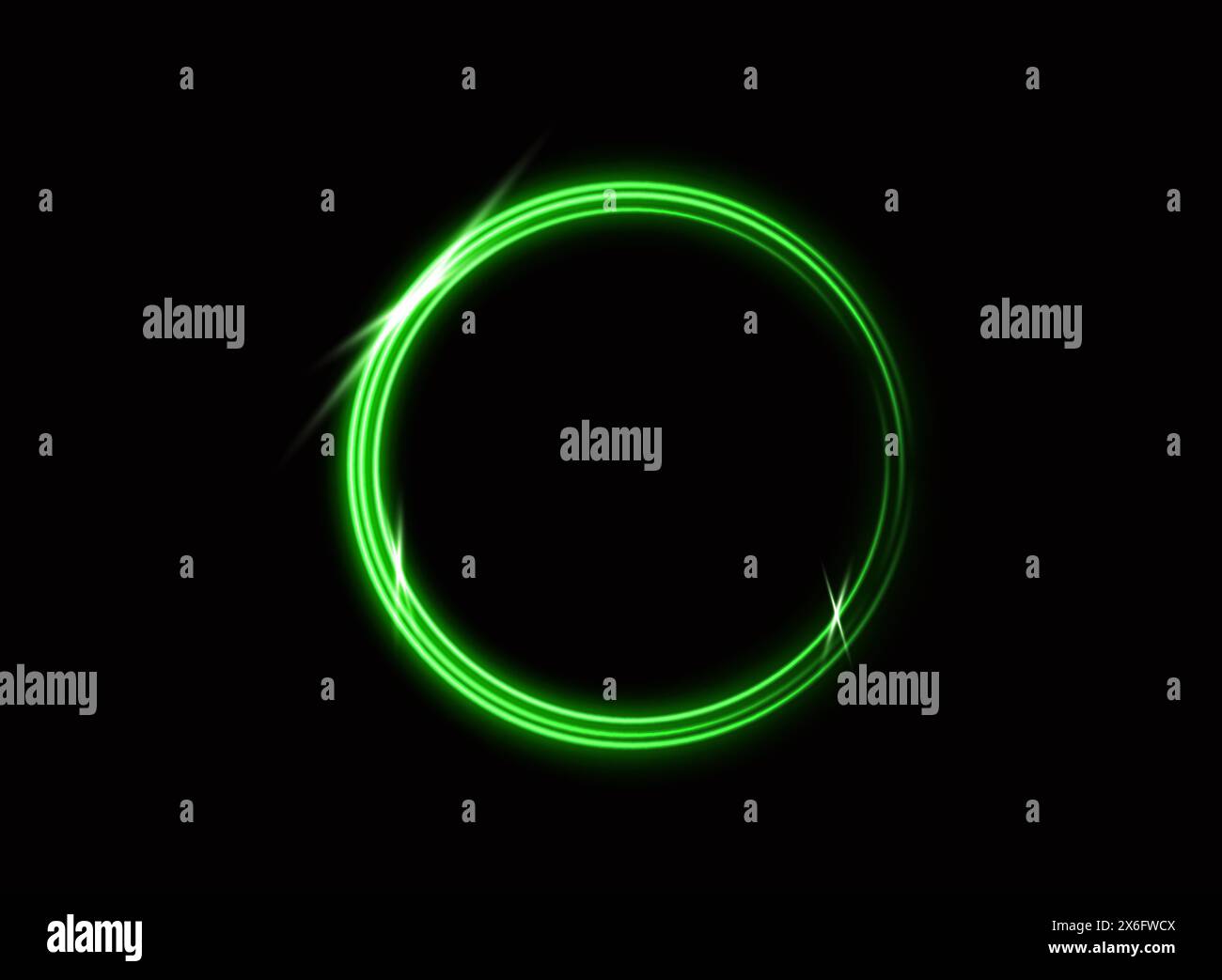 Green laser glowing circle isolated on a black background. Neon circles ...
