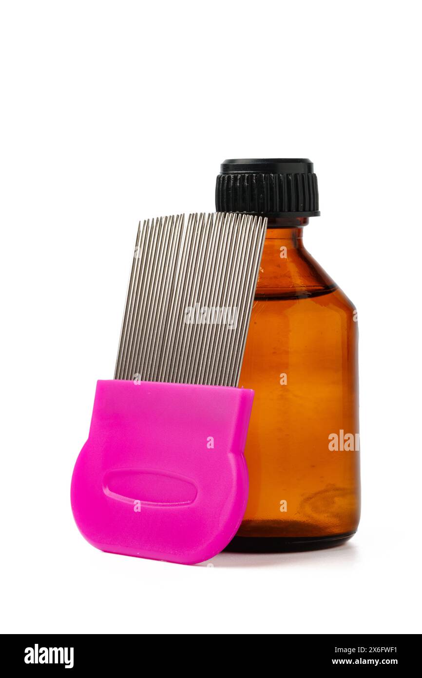Cosmetic products and lice comb isolated on white background Stock ...
