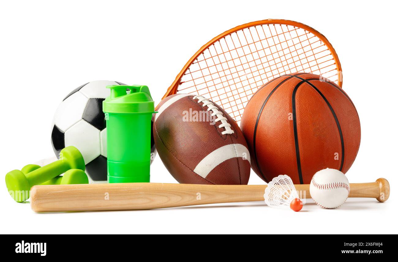 Assorted sports equipment isolated on white background Stock Photo - Alamy