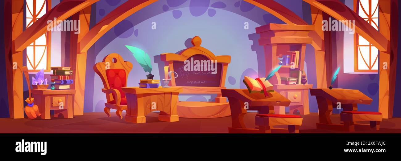 Magic wizard school room in medieval house cartoon background. Castle ...