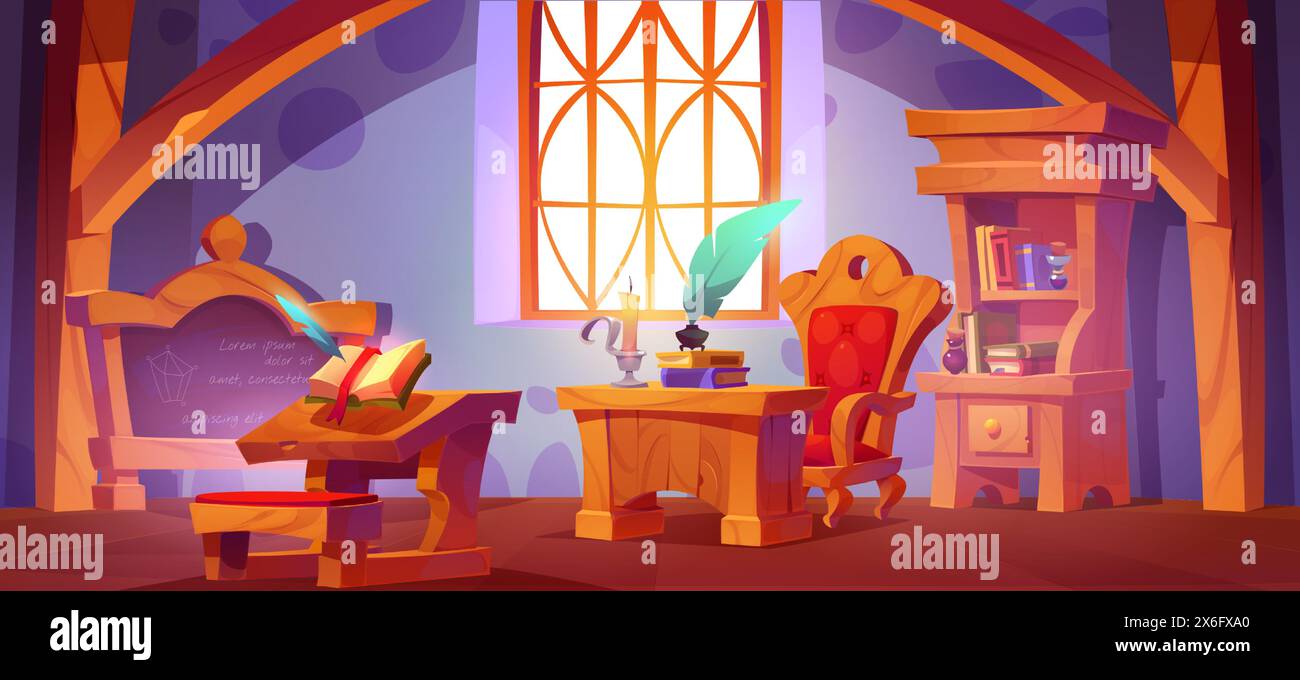 Magic school classroom interior with wooden furniture and studying ...