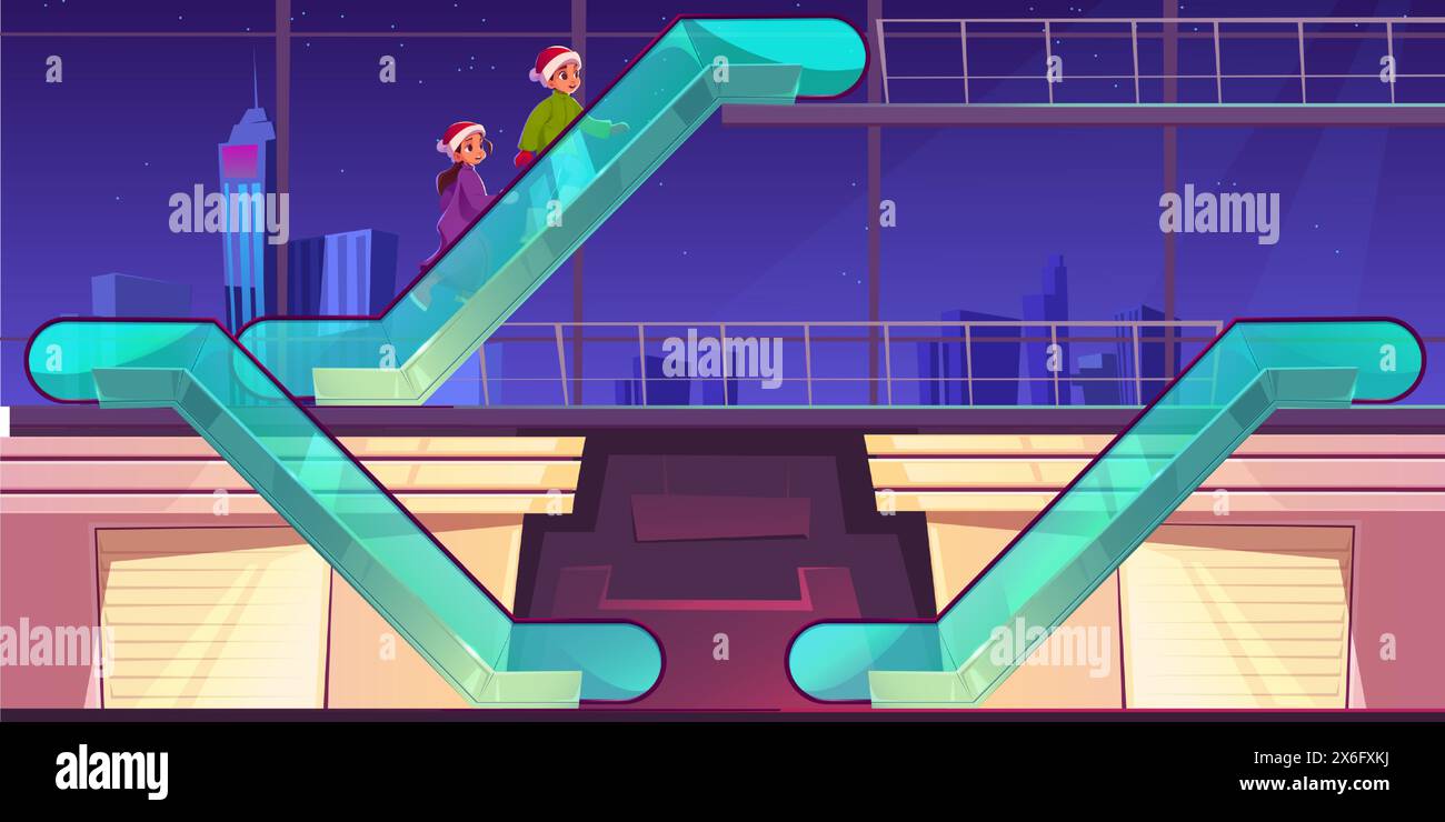 Children on escalator in shopping mall. Vector cartoon illustration of ...