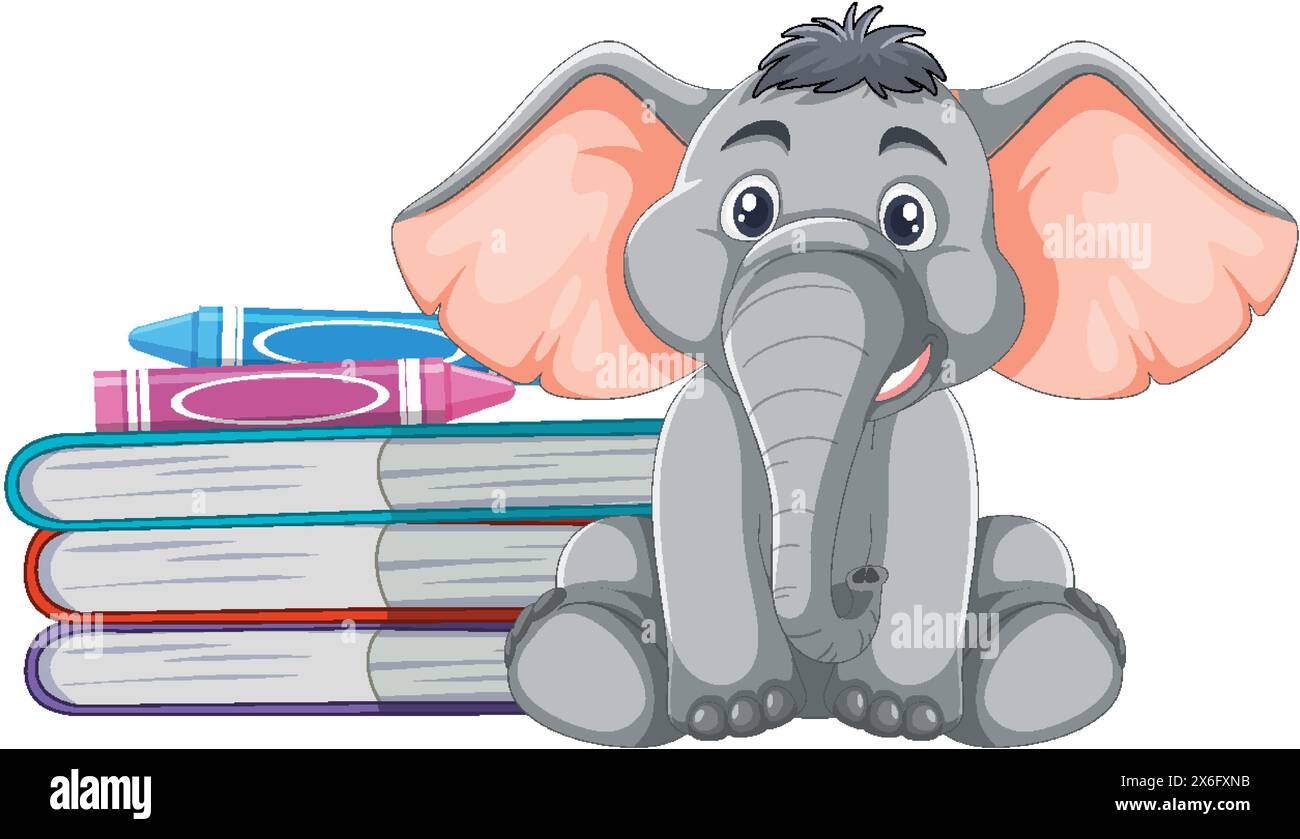 Adorable cartoon elephant sitting behind stacked books Stock Vector ...
