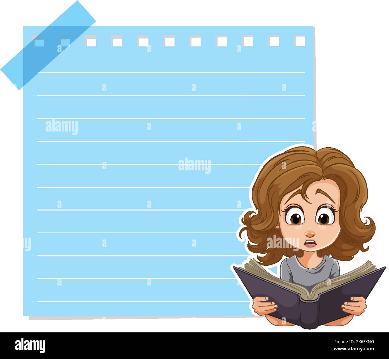 Cartoon girl reading book, large blue notebook behind Stock Vector ...