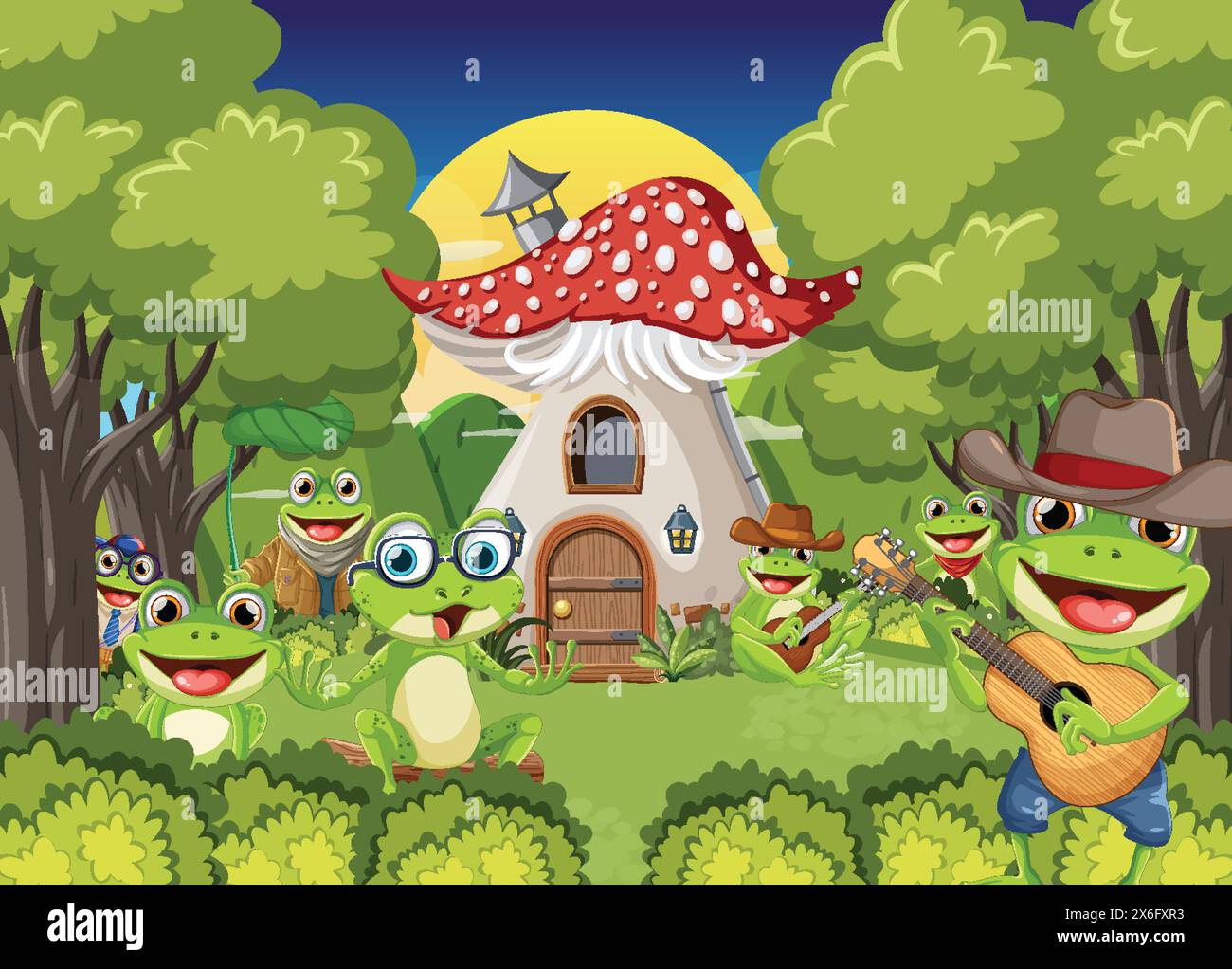 Frogs playing music near mushroom house Stock Vector Image & Art - Alamy