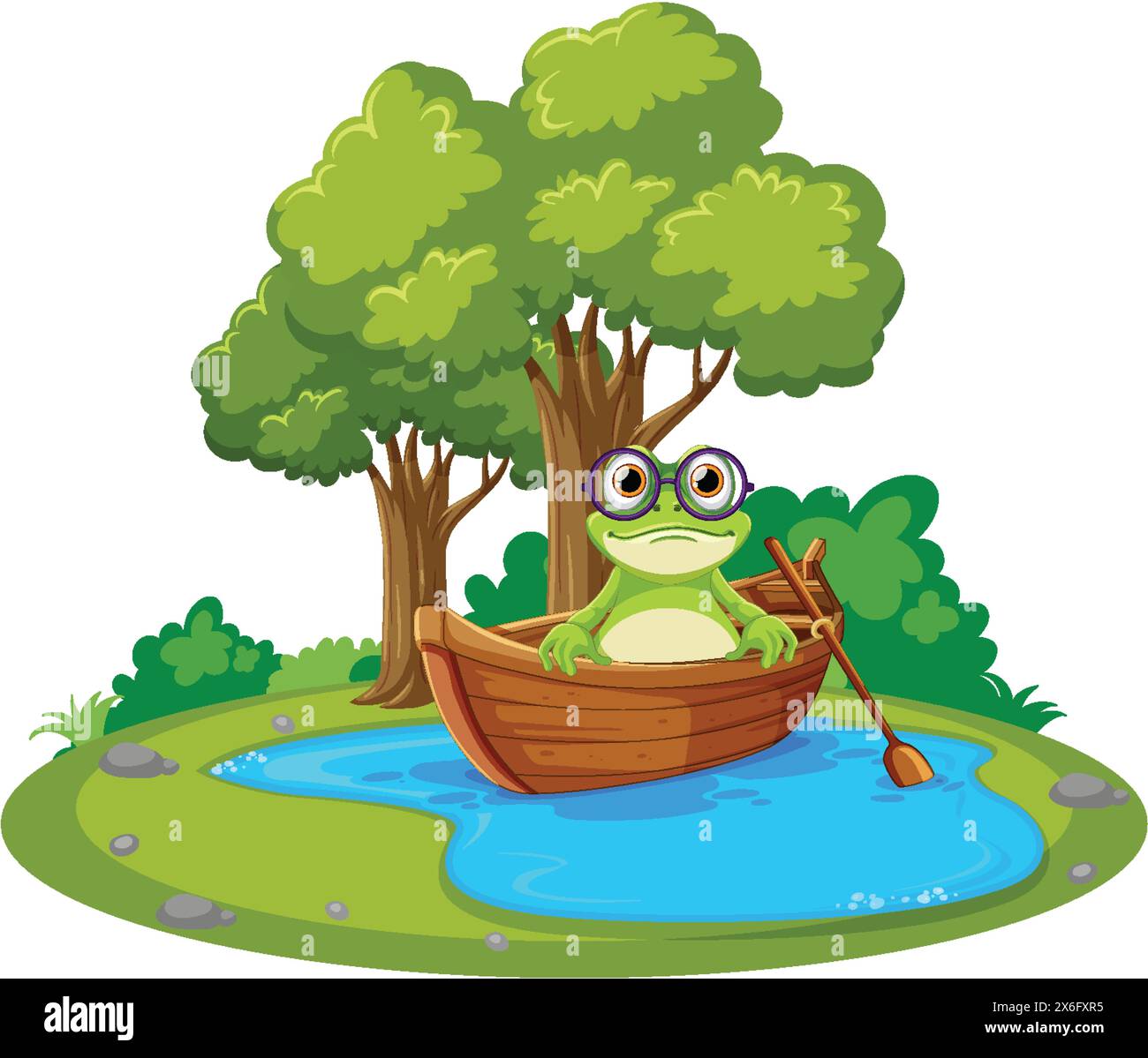 Cartoon frog rowing a wooden boat under trees Stock Vector Image & Art ...