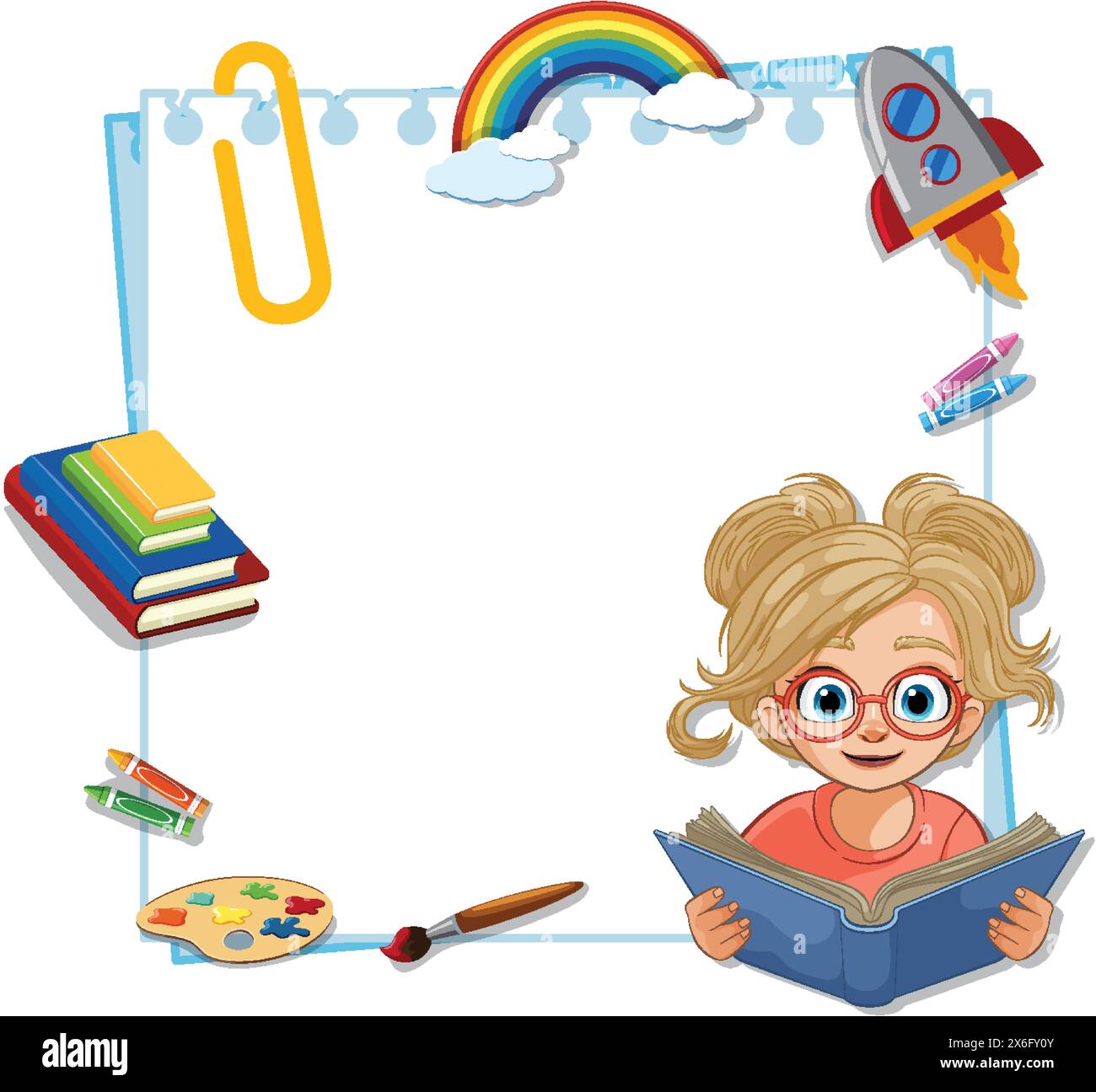 Cartoon girl reading surrounded by educational icons Stock Vector Image ...