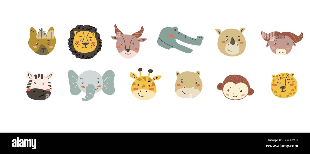African animals faces set. Cute doodle animal portraits. Hand drawn ...