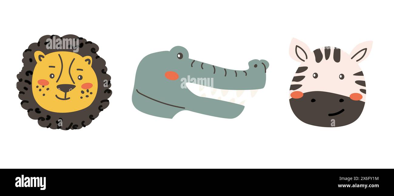 African animals faces set. Cute doodle animal portraits. Hand drawn ...