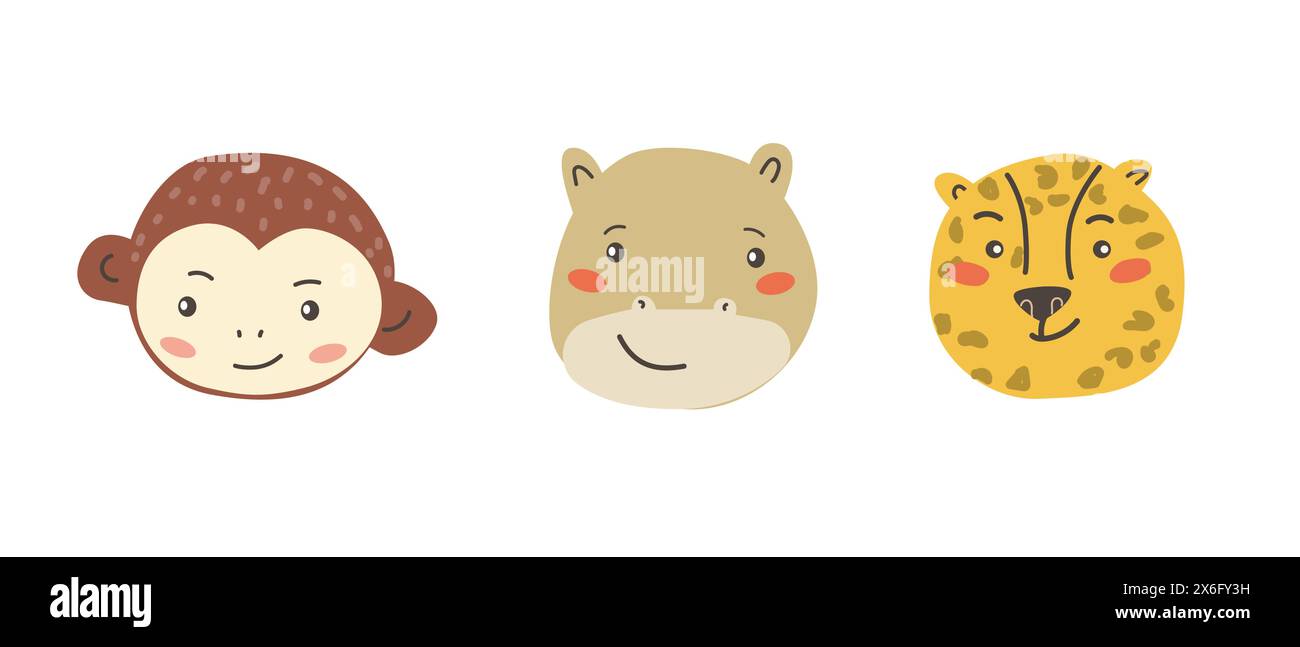 African animals faces set. Cute doodle animal portraits. Hand drawn ...
