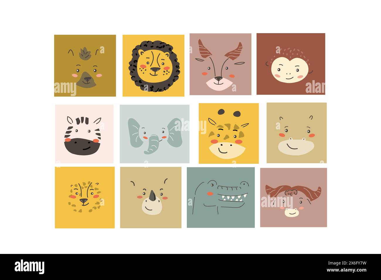 African animals faces set. Cute doodle animal portraits. Hand drawn ...