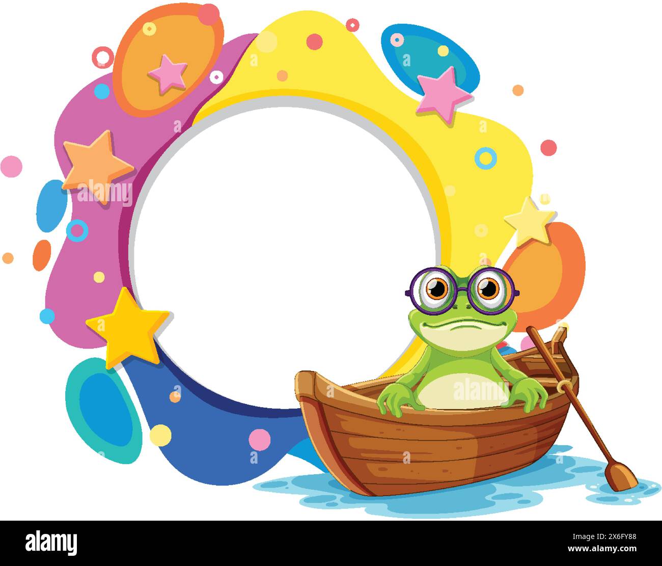 Cartoon frog rowing a wooden boat with colorful background Stock Vector ...